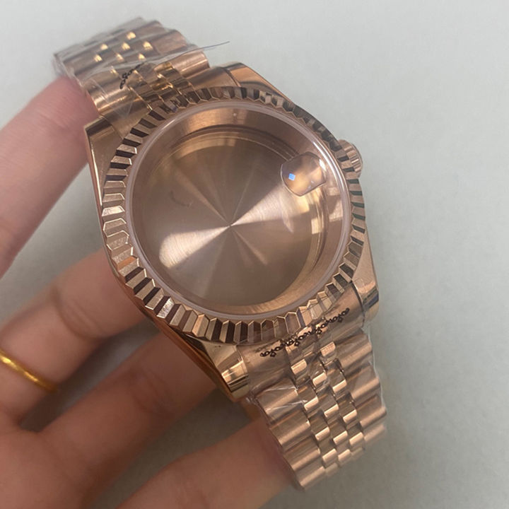 39MM Dog-teeth Bezel Rose Gold Magnifying Glass Watch Case + Five-bead ...