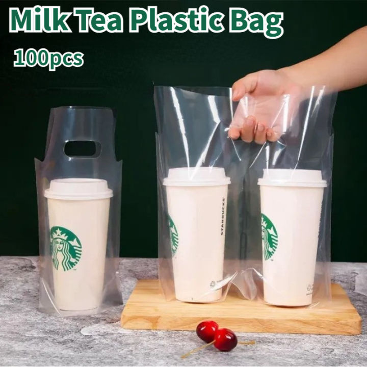 100PCS Plastic Bag Transparent Carrier Bags for Milk Tea Coffee ...