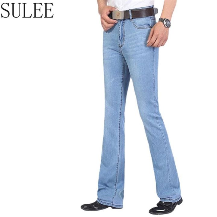 SULEE กางเกงผู้ชายย้อนยุคกางเกงยีนบานระฆังสีฟ้าสีดำทรงหลวมขนาดใหญ่ ...