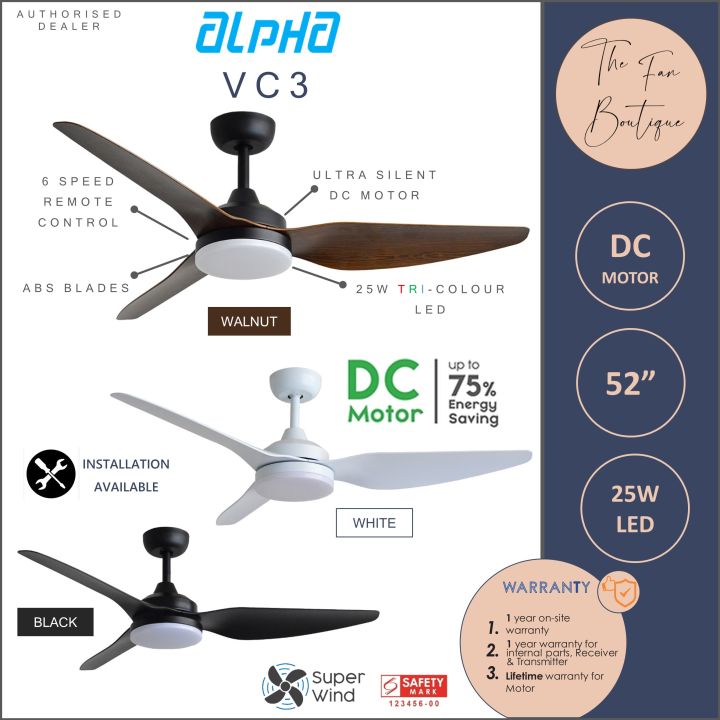 Alpha VC3 52" DC Motor Ceiling Fan with 25w Tri-Colour LED and Remote ...