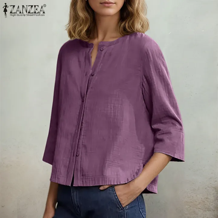 ZANZEA Women Streetwear Retro Crew Neck Shirt 3/4 Sleeve Button Up ...