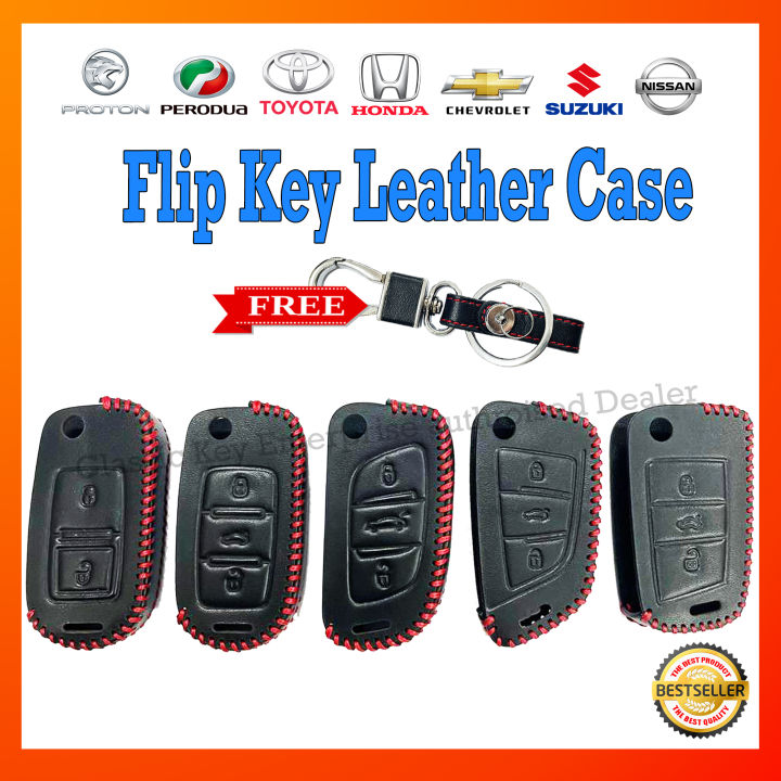 Flip Key Remote Leather Car Key Cover Case Black-RedLine | Lazada