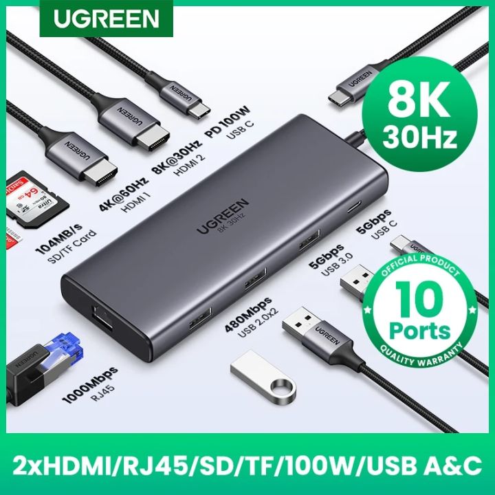 UGREEN Dual 8K HDMI Adapter 10 in 1 Splitter with RJ45 3.0 PD 100W Dock ...