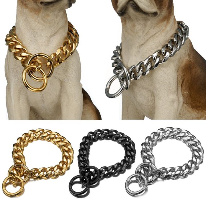 Plated Gold Dog Collar Heavy Duty Stainless Steel Cuban Link Pet Chain ...
