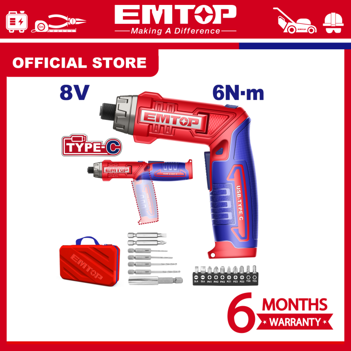 EMTOP 8V 6Nm Lithium-Ion Cordless Screwdriver Kit Rechargeable With LED ...