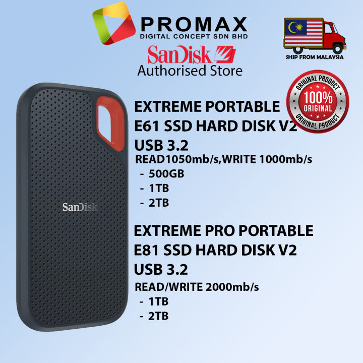 Original Sandisk Portable SSD V2 Hardisk Extreme E61 / Extreme Pro E81 - 1050mb/s / 2000mb/s USB ...