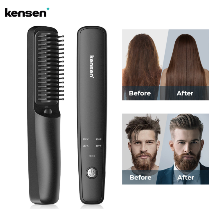 KENSEN Wireless Hair Straightener Hairstyle Comb Red Blue Light ION ...