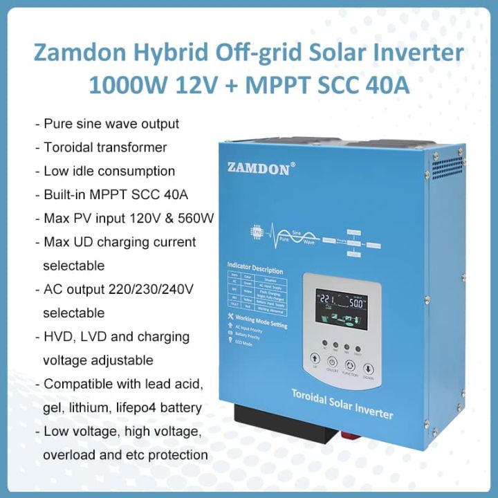 Zamdon 1kw 12V Hybrid Offgrid Toroidal Pure Sine Wave Solar Power Inverter with 40A MPP solar ...
