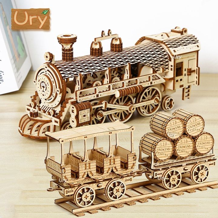 Ury 3D Wooden Puzzle Movable Retro Steam Train Double-Decker Bus ...