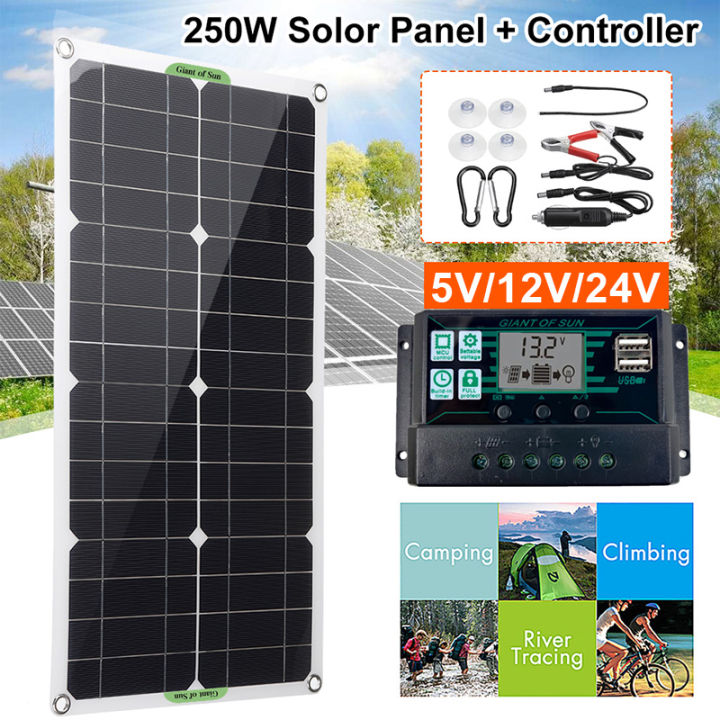 250W Solar Panel Kit Complete Dual 12/5V DC USB With 60A/100A Solar ...