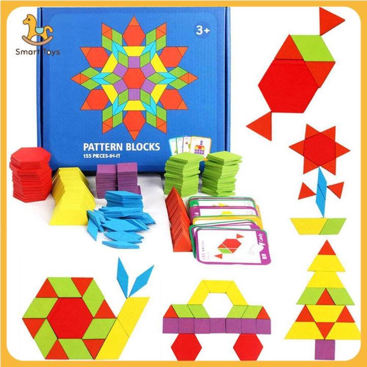155 Pcs Wooden Pattern Blocks Teach Creativity Puzzle Toys with Design Cards Early Geometry ...