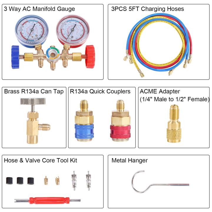 3 Way AC Manifold Diagnostic Gauge Refrigerant Charging Set for Air ...