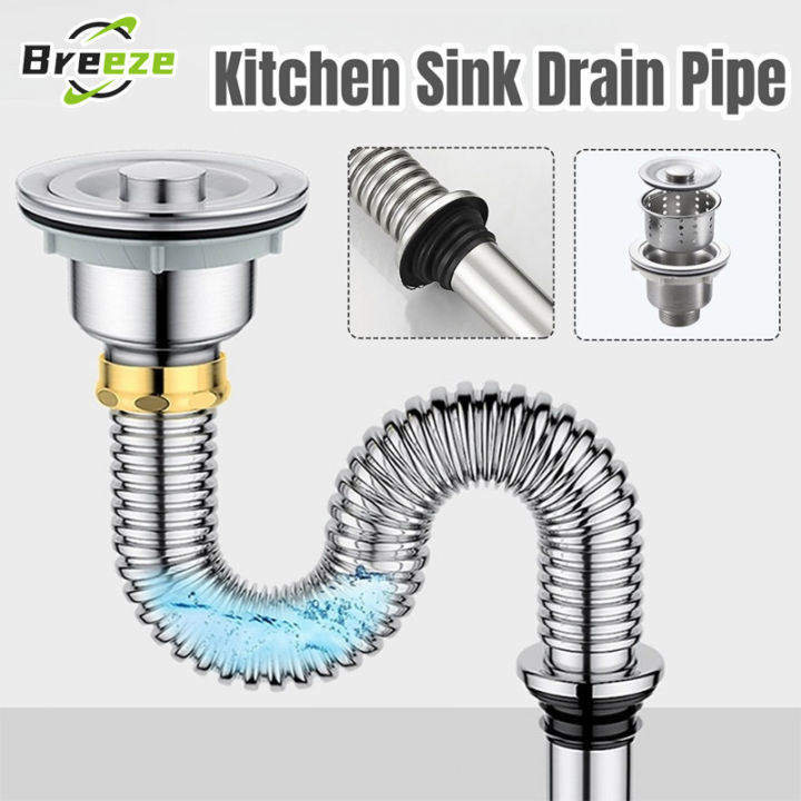Kitchen Sink Drain 304 Stainless Steel Prevent Backflow and Odor Pipe ...