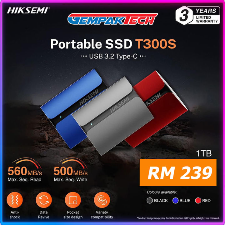 Hikvision Hiksemi T300S 1TB USB 3.2 Type-C Portable SSD External Solid ...