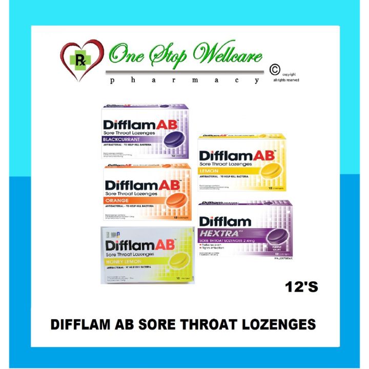 DIFFLAM AB SORE THROAT LOZENGES 12'S (1 BOX) (ORANGE / BLACKCURRANT ...
