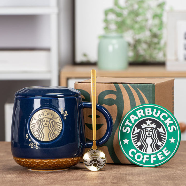 Starbuck Official Store ถ้วย Starbuck ถ้วยเซรามิกสีดำและสีขาวทองแดง