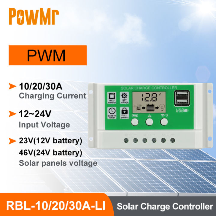PowMr 10A 20A 30A PWM Solar Controller 12V 24V Auto LCD Display Work For Lead Acid And Lithium ...