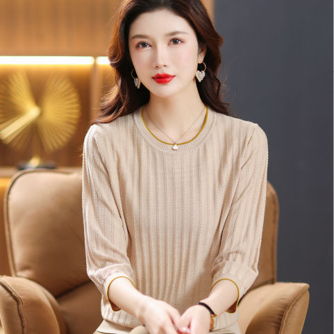 Herberty พร้อมส่ง เสื้อไหมพรมทอลายเปีย แขน 4 ส่วน ตัดขอบสีขาว งานผ้า ...