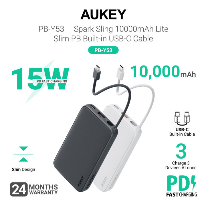 Aukey PB-Y53 Spark Sling 10000mAh Lite Slim Power Bank w Built-in USB-C ...