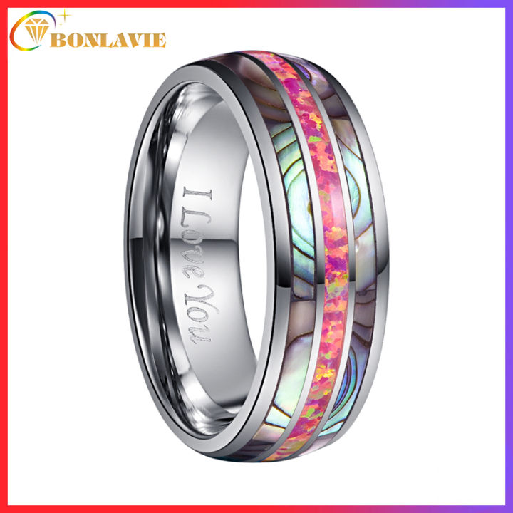 BONLAVIE Men's 8mm Tungsten Carbide Ring Red Opal and Abalone Shell ...