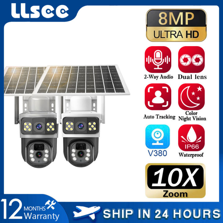 LLSEE V380 PRO wireless WiFi solar camera with dual lens 8MP, equipped with motion sensor and ...