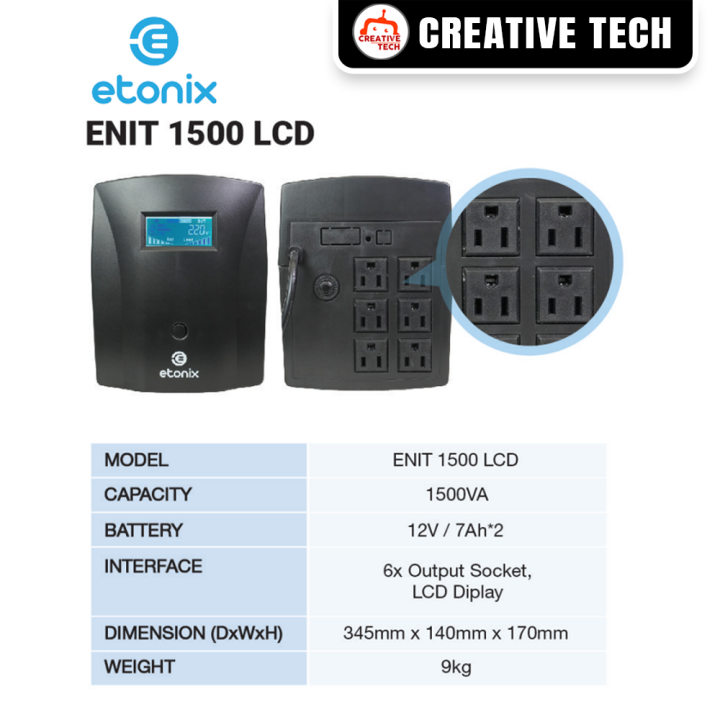 Etonix ENIT 1500 LCD - Line Interactive UPS ( 1500VA, 12V /7Ah•2 , 6x Output Socket, LCD Diplay ...