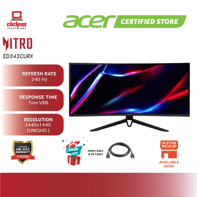 ACER NITRO ED343CUR xbmiippx 34”VA LED QHD 240Hz CURVED GAMING MONITOR ...