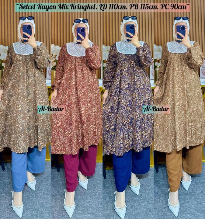 Set long tunik motif batik bunga baju set celana bahan krinkel mix ...