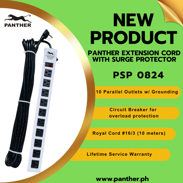 Panther PSP 0824 Extension Cord with Voltage Surge Protector 1 Neon ...