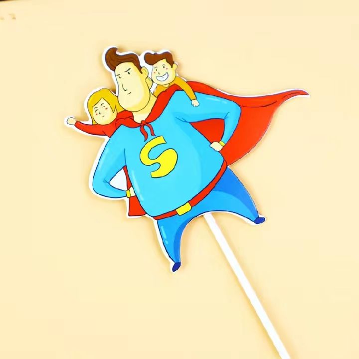 Happy Fathers Day Theme Super Hero Dad Paper Card Cake Topper Plug In