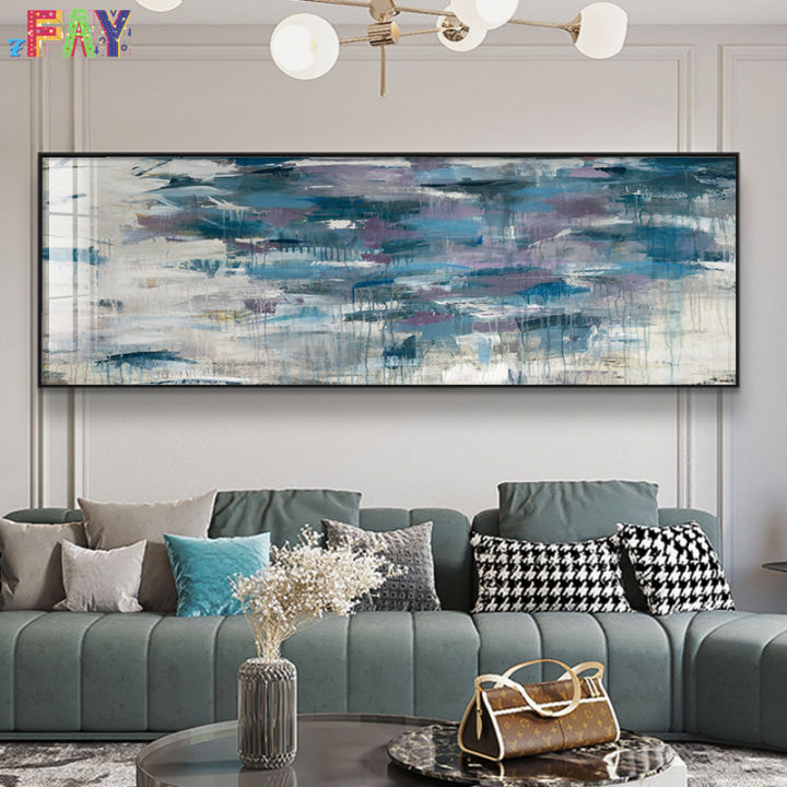 Abstract lake scenery, blue color blocks, marble texture lines, living ...