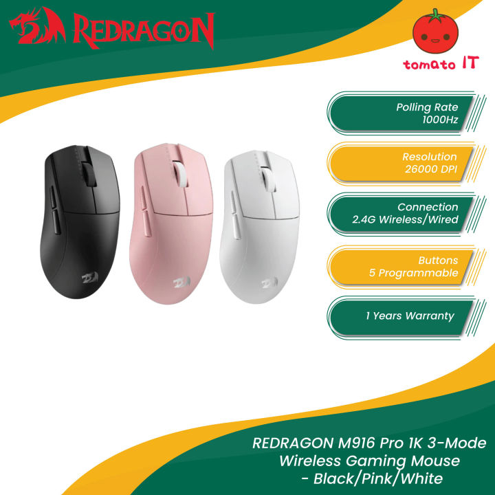 REDRAGON M916 Pro 1K 3-Mode Wireless Gaming Mouse - Black/Pink/White ...