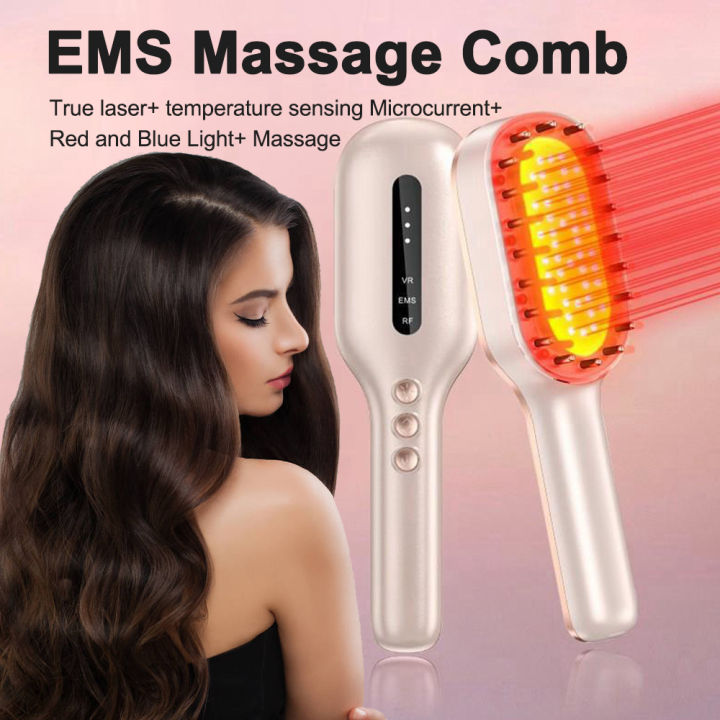 Red Blue Light Therapy RF EMS Pulse Electric Massage Comb Vibration Promote Hair Growth Nourish ...