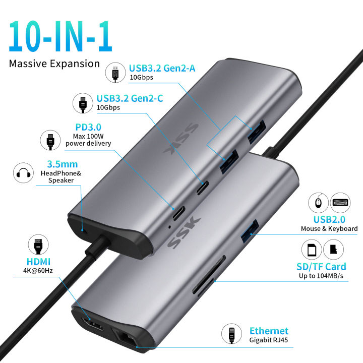 SSK SC207 USB C Hub USB3.2 Gen2 10Gbps USB C Splitter with 4K 60Hz HDMI ...