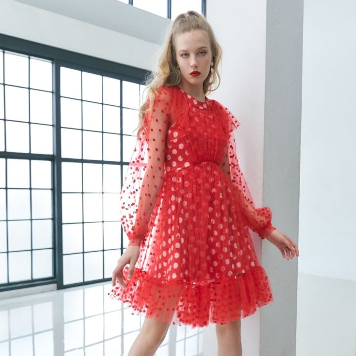 iCONiC MACARON DRESS #4399 ชุดเดรส พิมพ์ลายจุ ดกำมะหยี่สีแดง แขนพอง ตก ...