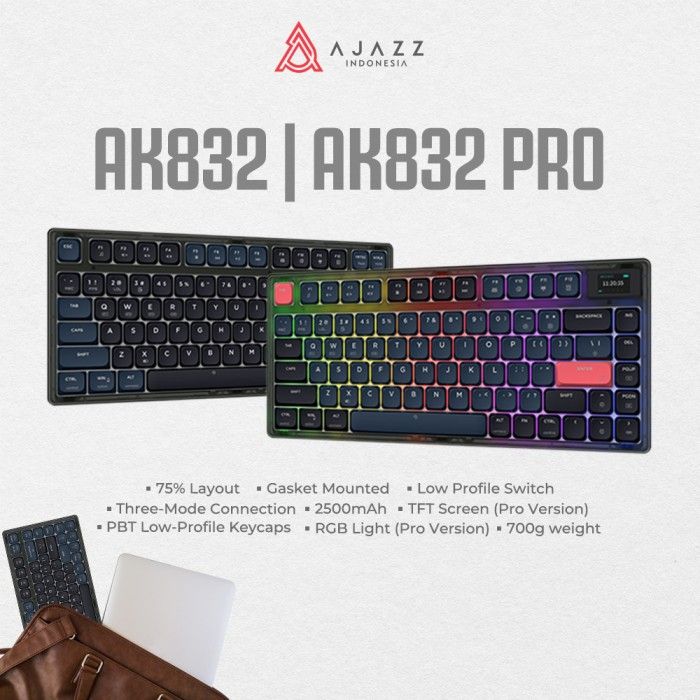 Ajazz AK832 PRO 75% Low Profile Mechanical Keyboard 3-Mode RGB with LED ...