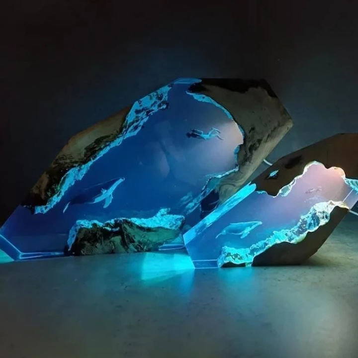 Epoxy Resin Lamp Diver Shark LED Night Light Whales Deep Sea Shimmer ...