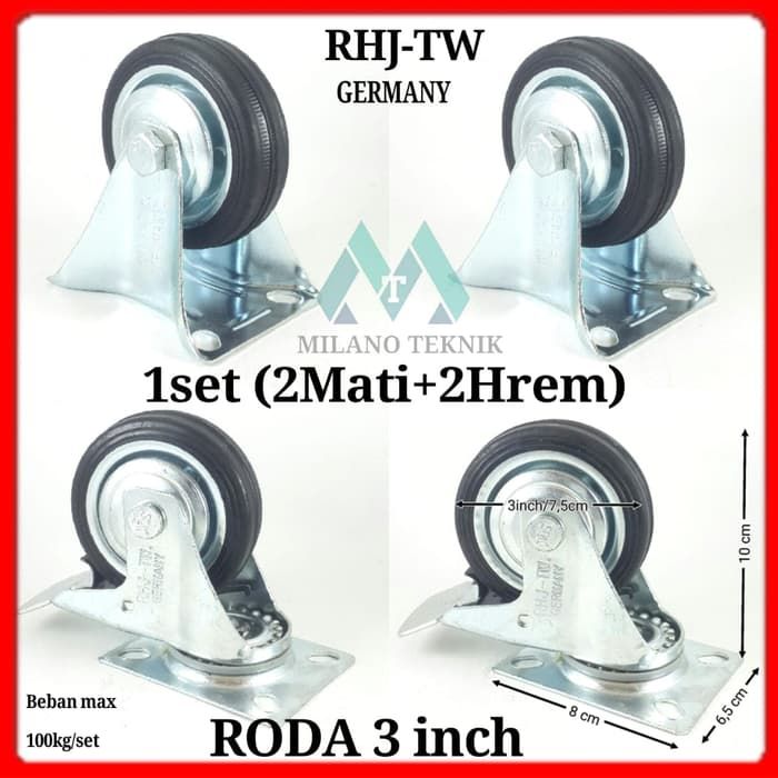 Roda Troli 3 inch 1 set ( 2 hidup rem + 2 mati ) Roda Karet / Roda ...