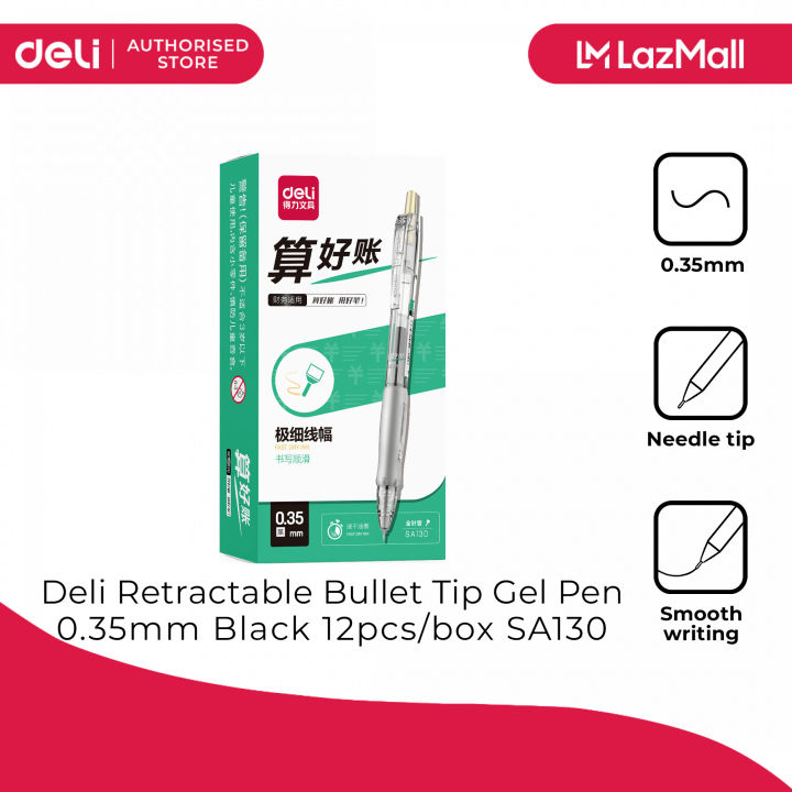 Deli SA130 Retractable Bullet Tip Gel Pen 0.35mm Black 12pcs/box ...