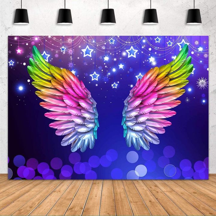7x5ft Colorful Wings Photoshoot Backdrop Blue Bokeh Stars Angel Wings ...