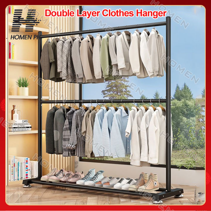 Double Layer 60/100/120/150CM Clothes Rack Hanging Rack Metal Clothes ...