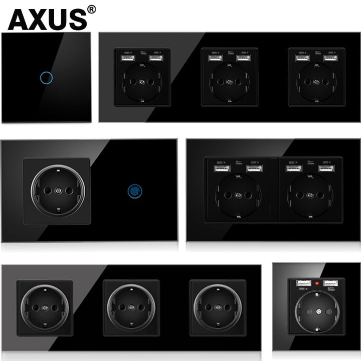 AXUS Touch Light Switch With EU USB Wall Sockets Black Glass Sensor Switches LED Dark Blue ...