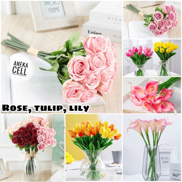 Bunga Tulip Latex/Artificial Tulip Lili Bunga Mawar Bunga Lily Hiasan ...