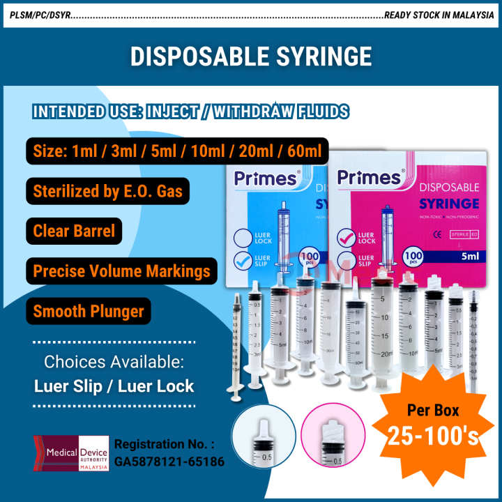 PRIMES Disposable Syringe (Sterile; Luer Slip/Luer Lock; 1ml/3ml/5ml ...