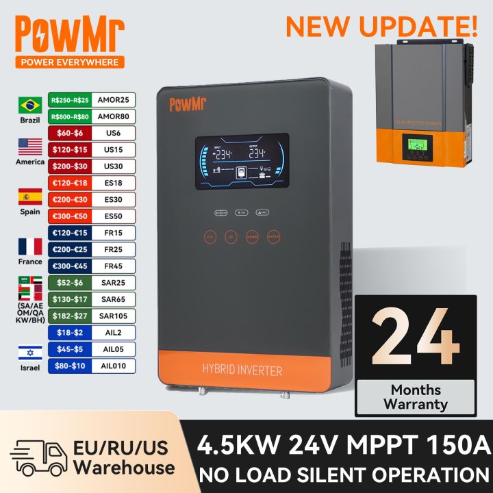 PowMr Solar Inverter Hybrid 24V MPPT 150A 80A Battery Converter Pure ...