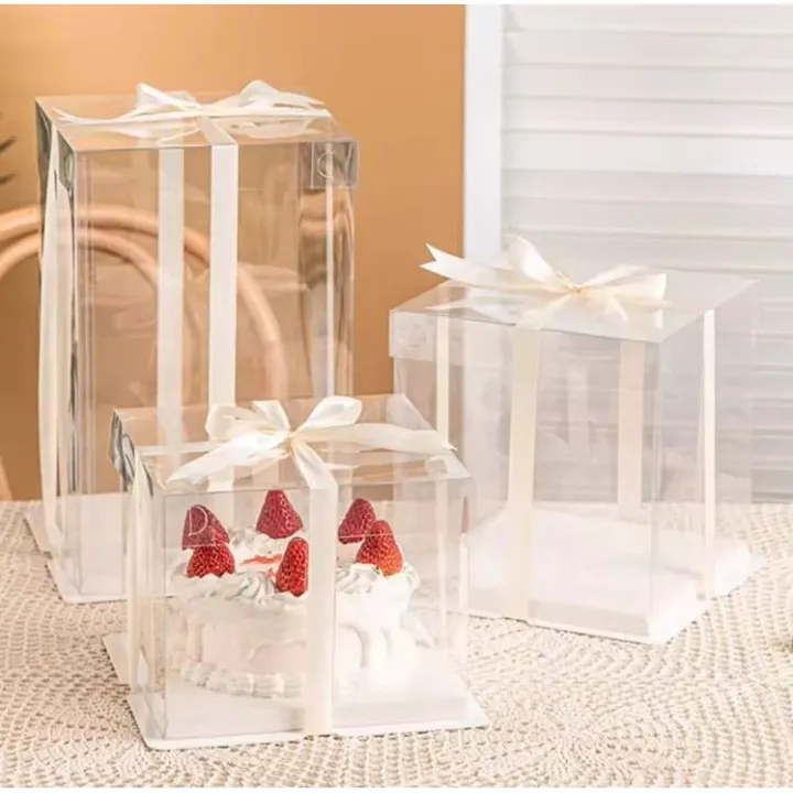 Cake Box Transparent Clear Square (with transparent lid and white base ...