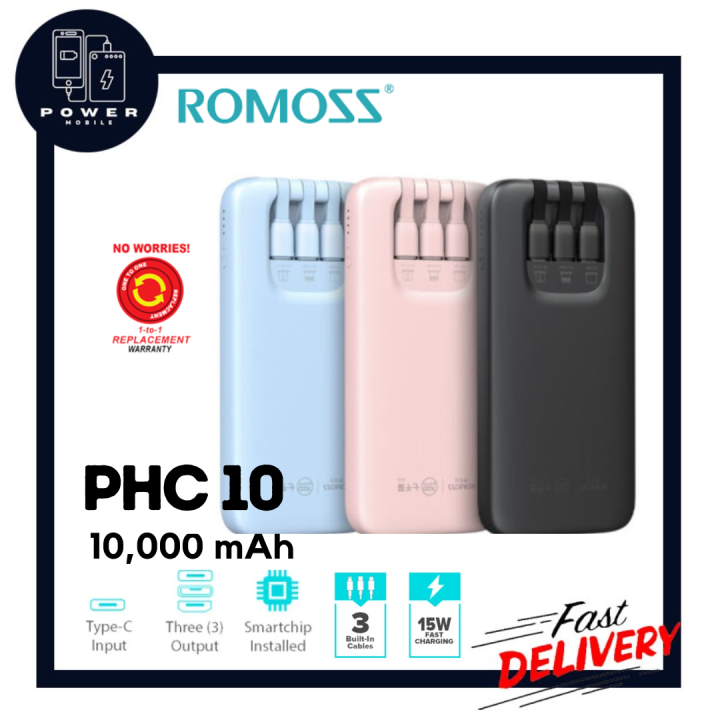 ROMOSS PHC10 (10000mAh) Power Bank Built in 3 Cables Micro,Type c and Lighting 22.5W Fast ...