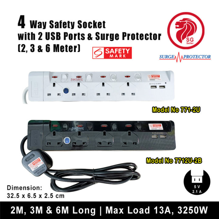 Safety Mark 4 Wayl Safety Extension Socket with 2 USB Port and Surge ...