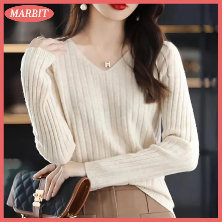 MARBIT Hàn Quốc Rắn Màu v-Cổ Dài Tay Áo Giản Dị Đa Năng Dệt Kim Áo Len ...