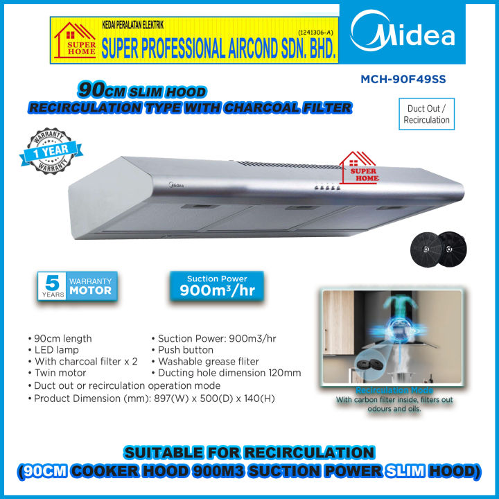 Midea Slim Hood MCH-90F49SS ((90cm)) Recirculation System Cooker Hood ...